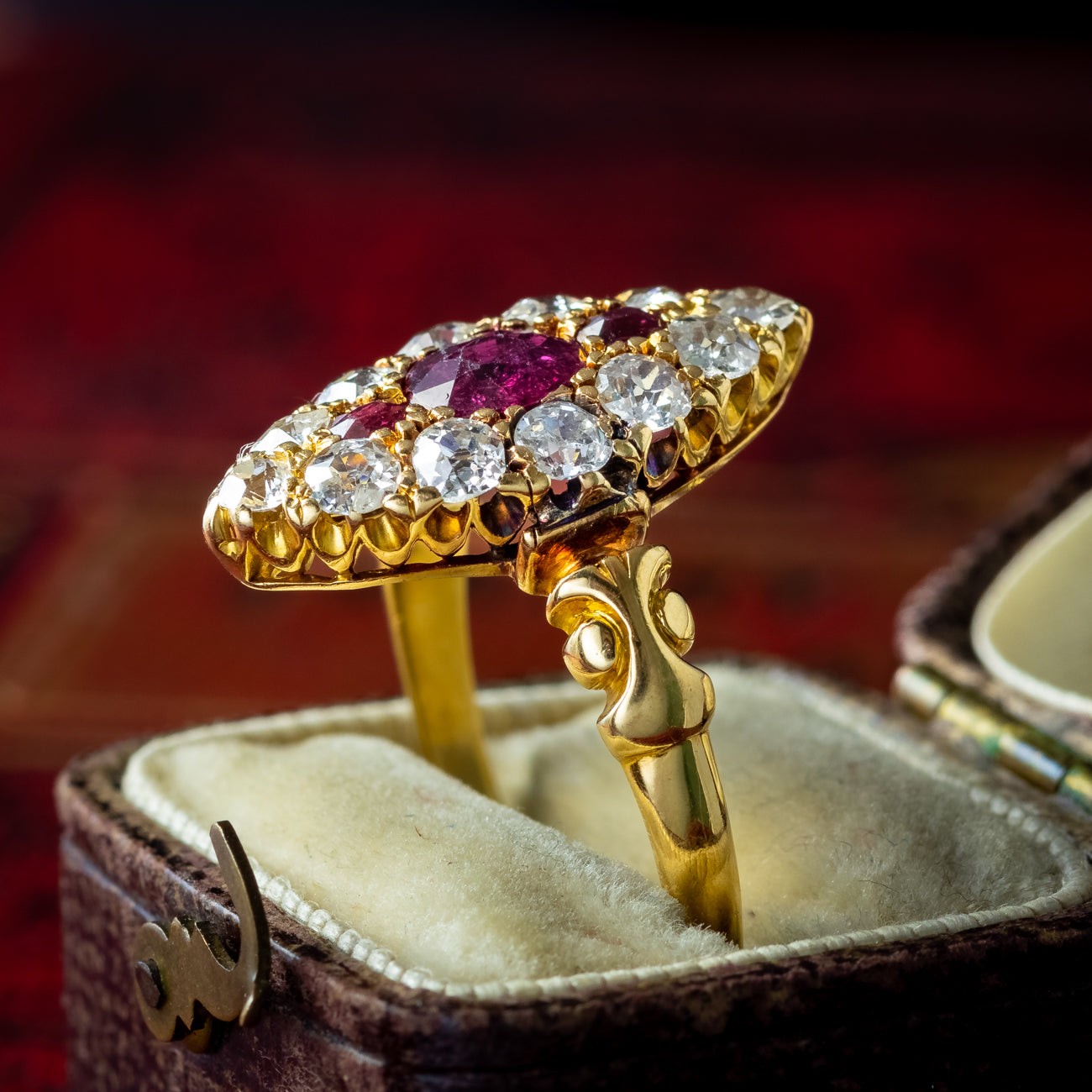 Antique Victorian Ruby Diamond Navette Cluster Ring – Antique Jewellery ...