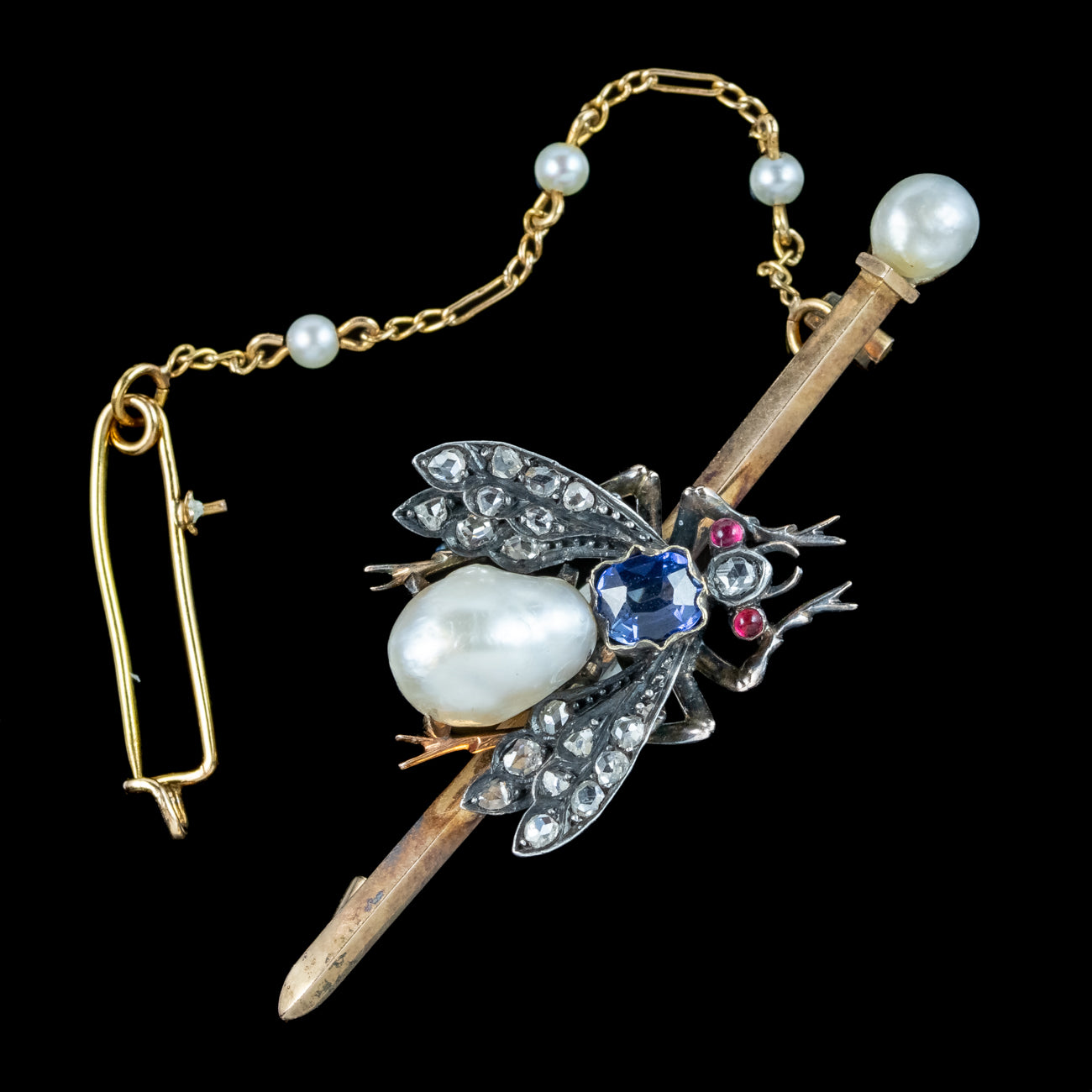 Antique Victorian French Pearl Sapphire Ruby Diamond Insect Brooch ...