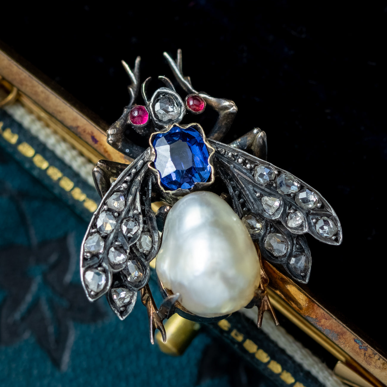 Antique Victorian French Pearl Sapphire Ruby Diamond Insect Brooch ...