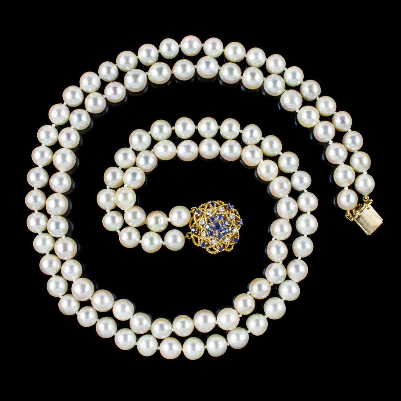 Vintage Double Strand Pearl Necklace Sapphire Diamond Clasp – Antique Jewellery Online