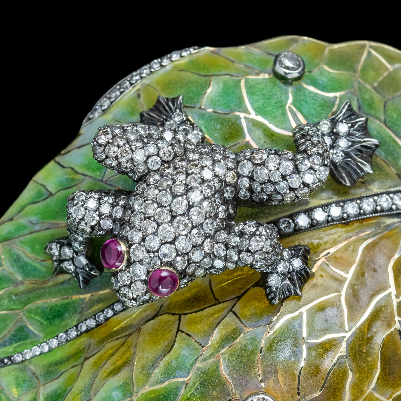 Vintage Moira Plique A Jour Diamond Ruby Frog On Leaf Brooch With Box ...