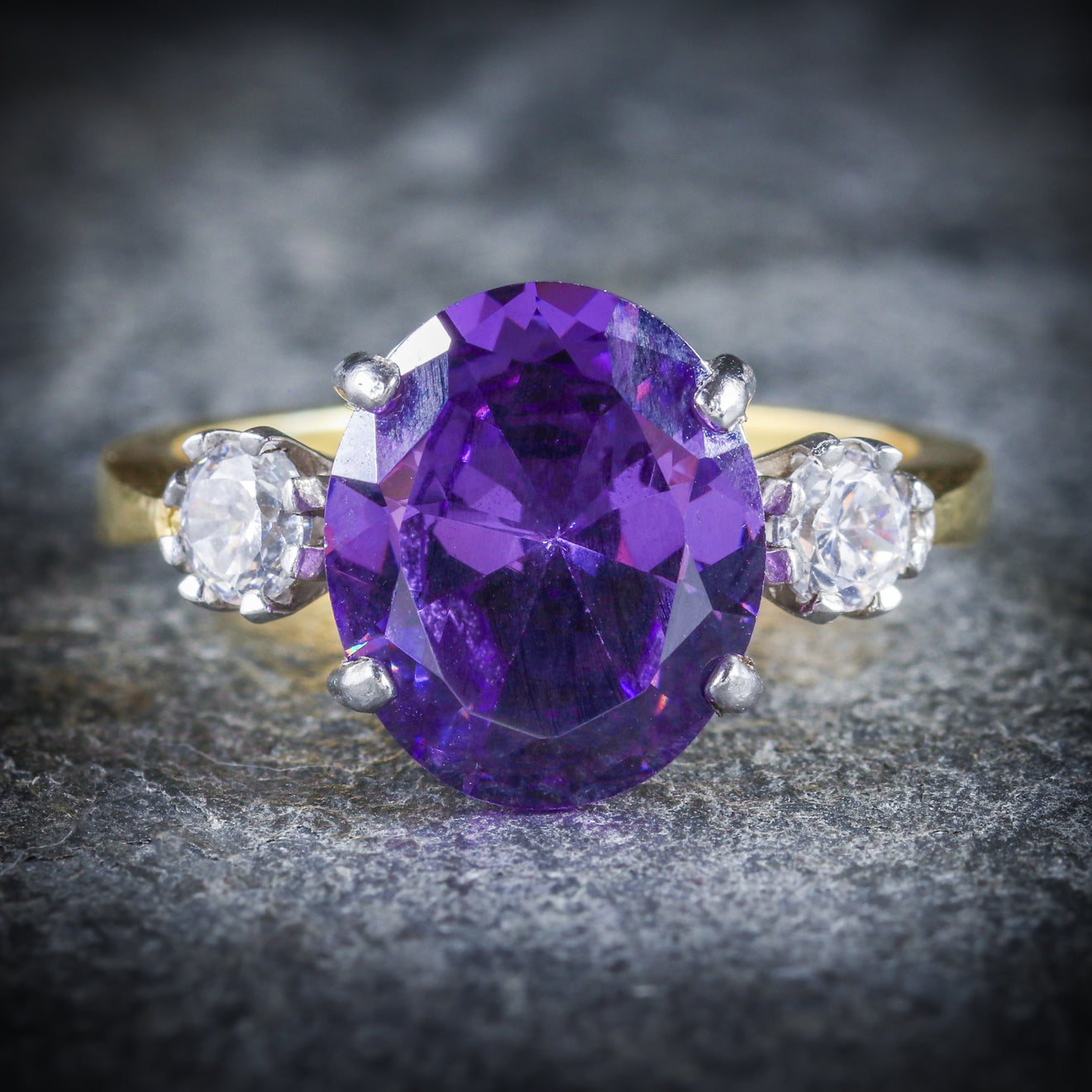 Amethyst Paste Trilogy Ring 18ct Gold Silver – Antique Jewellery Online