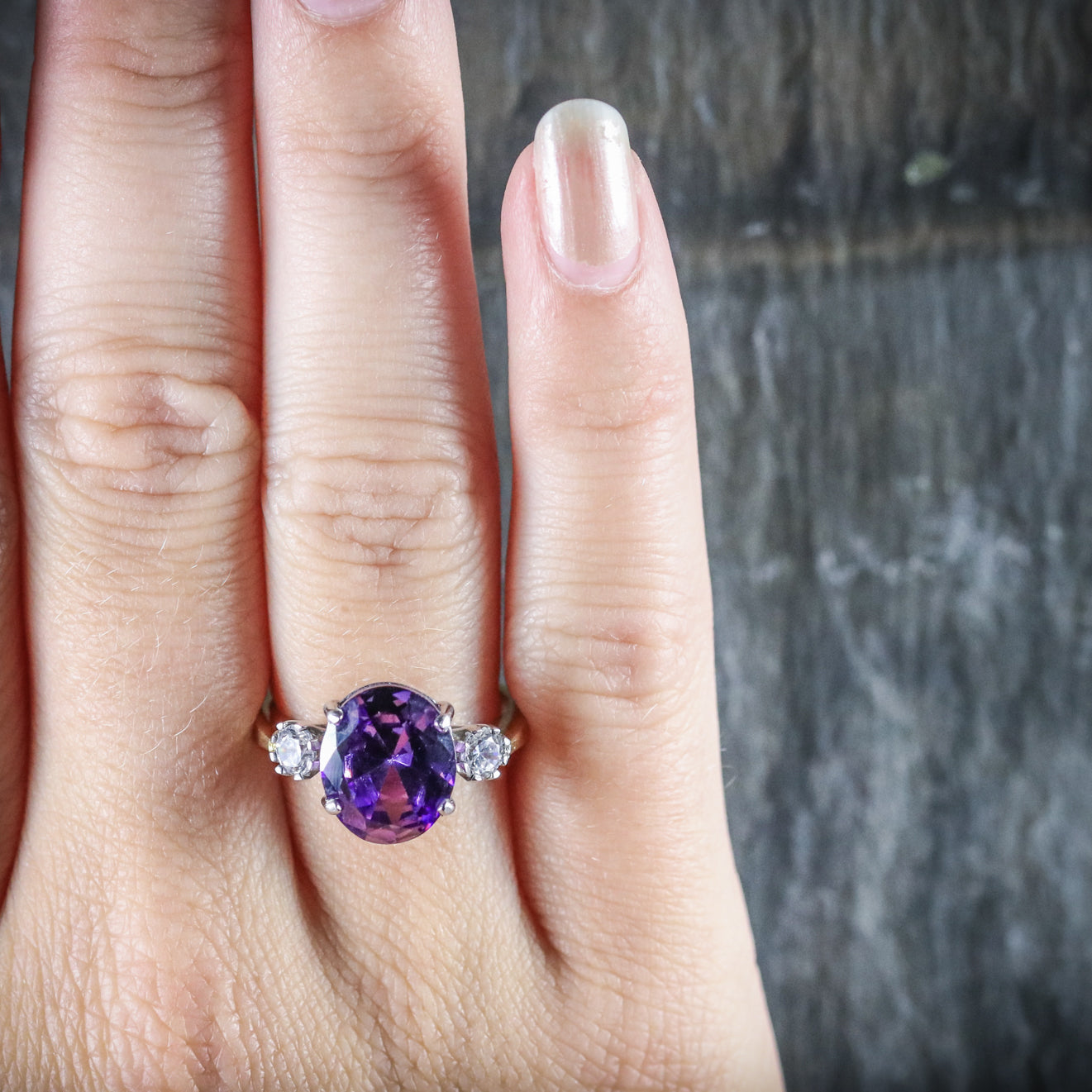 Amethyst Paste Trilogy Ring 18ct Gold Silver – Antique Jewellery Online