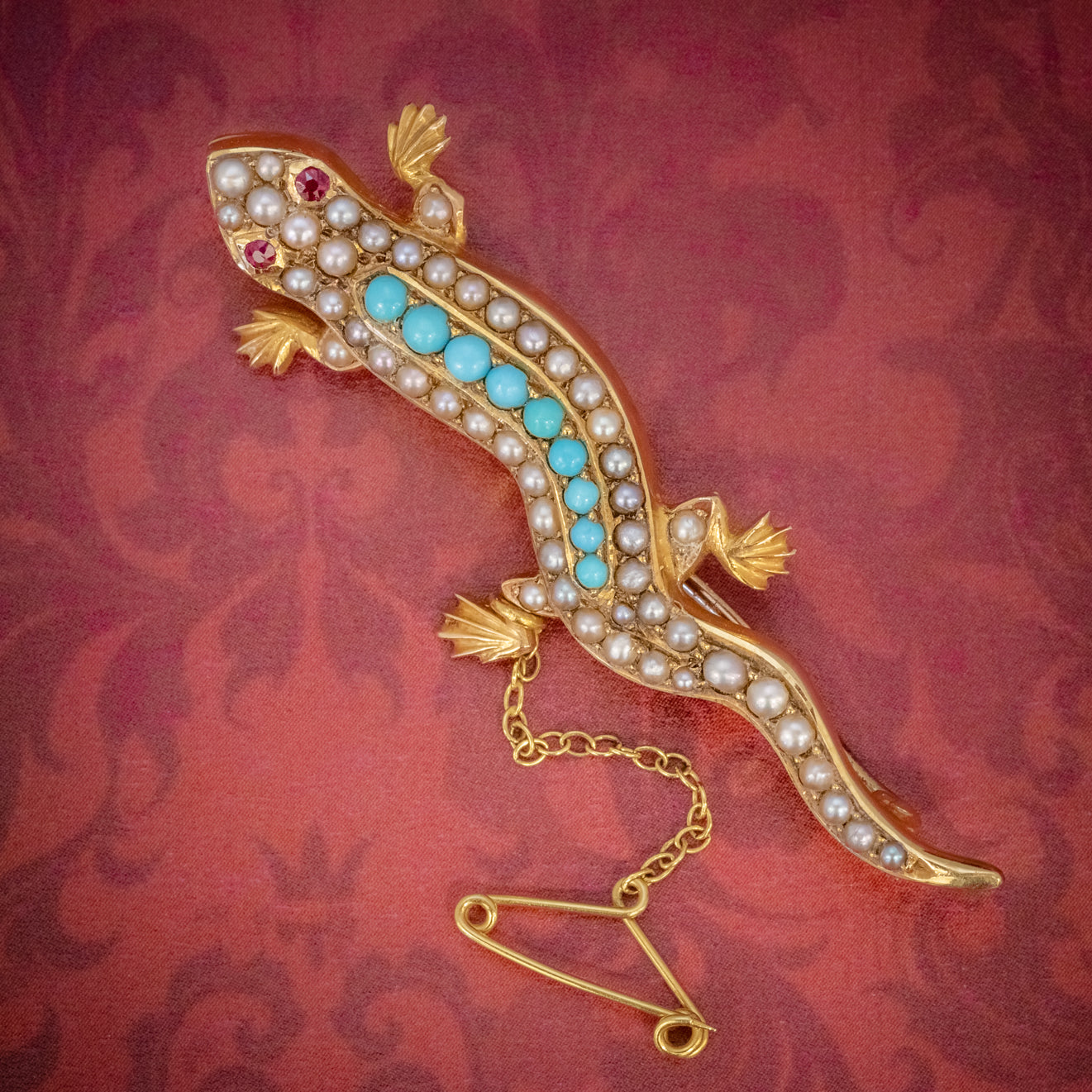 ANTIQUE VICTORIAN TURQUOISE PEARL SALAMANDER BROOCH 15CT GOLD CIRCA 18 ...