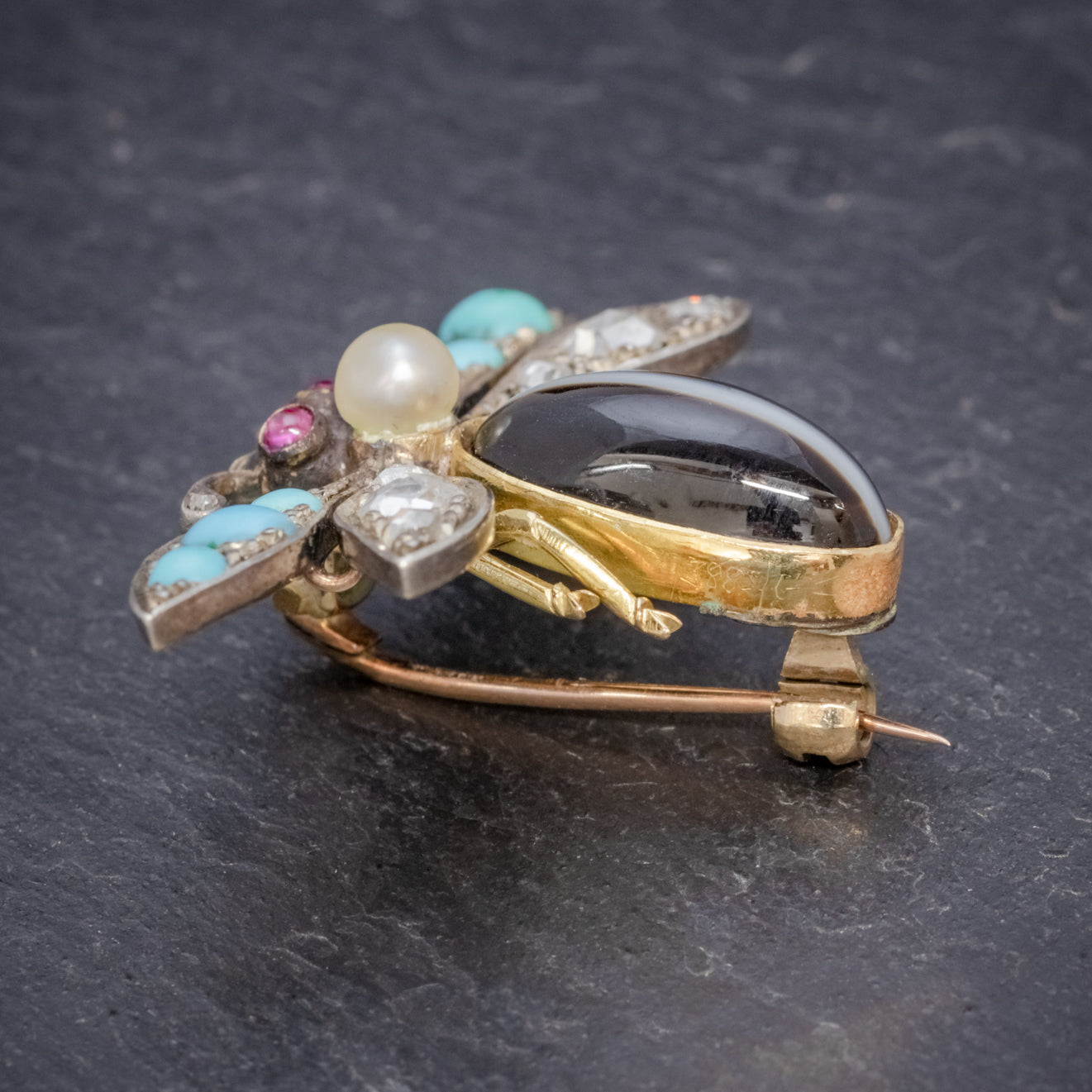 ANTIQUE VICTORIAN INSECT BROOCH DIAMOND TURQUOISE PEARL AGATE SILVER 1 ...