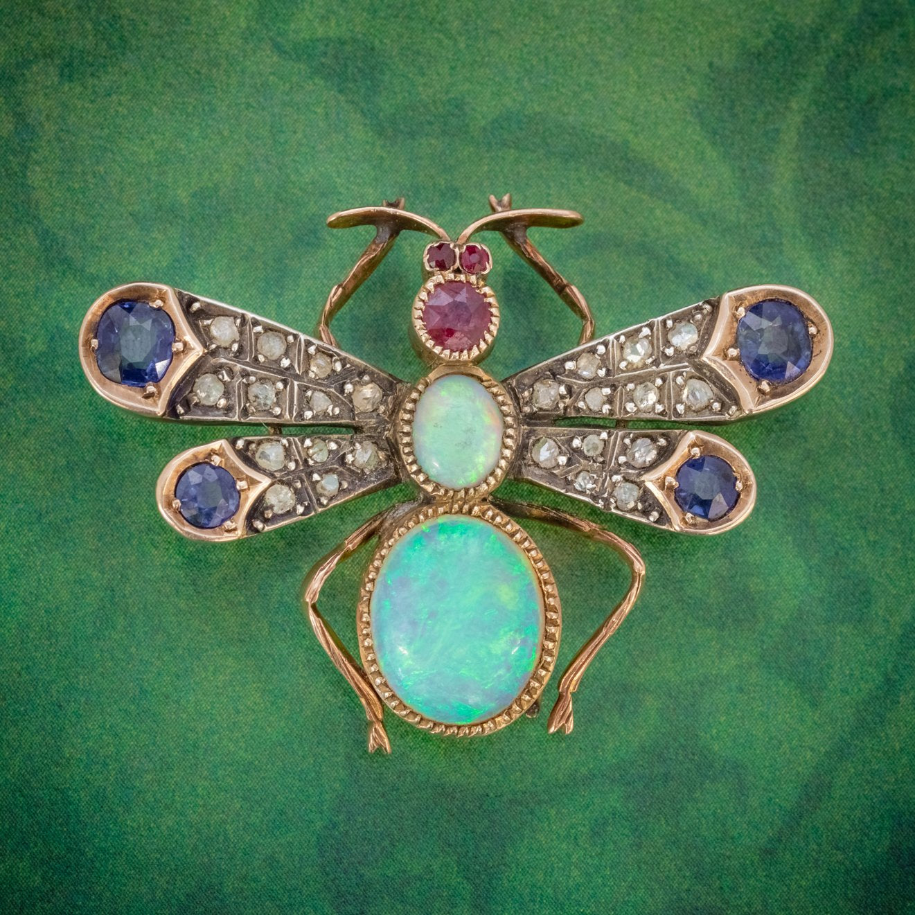 ANTIQUE VICTORIAN INSECT BROOCH OPAL DIAMOND RUBY SAPPHIRE 18CT GOLD C ...