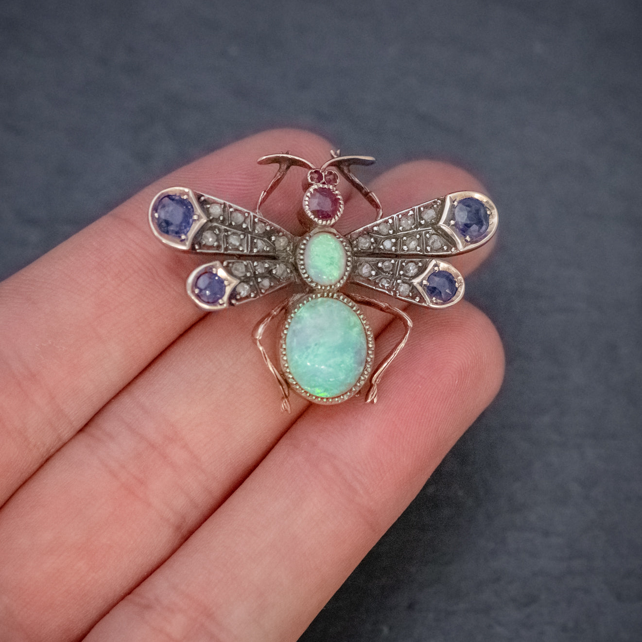 ANTIQUE VICTORIAN INSECT BROOCH OPAL DIAMOND RUBY SAPPHIRE 18CT GOLD C ...