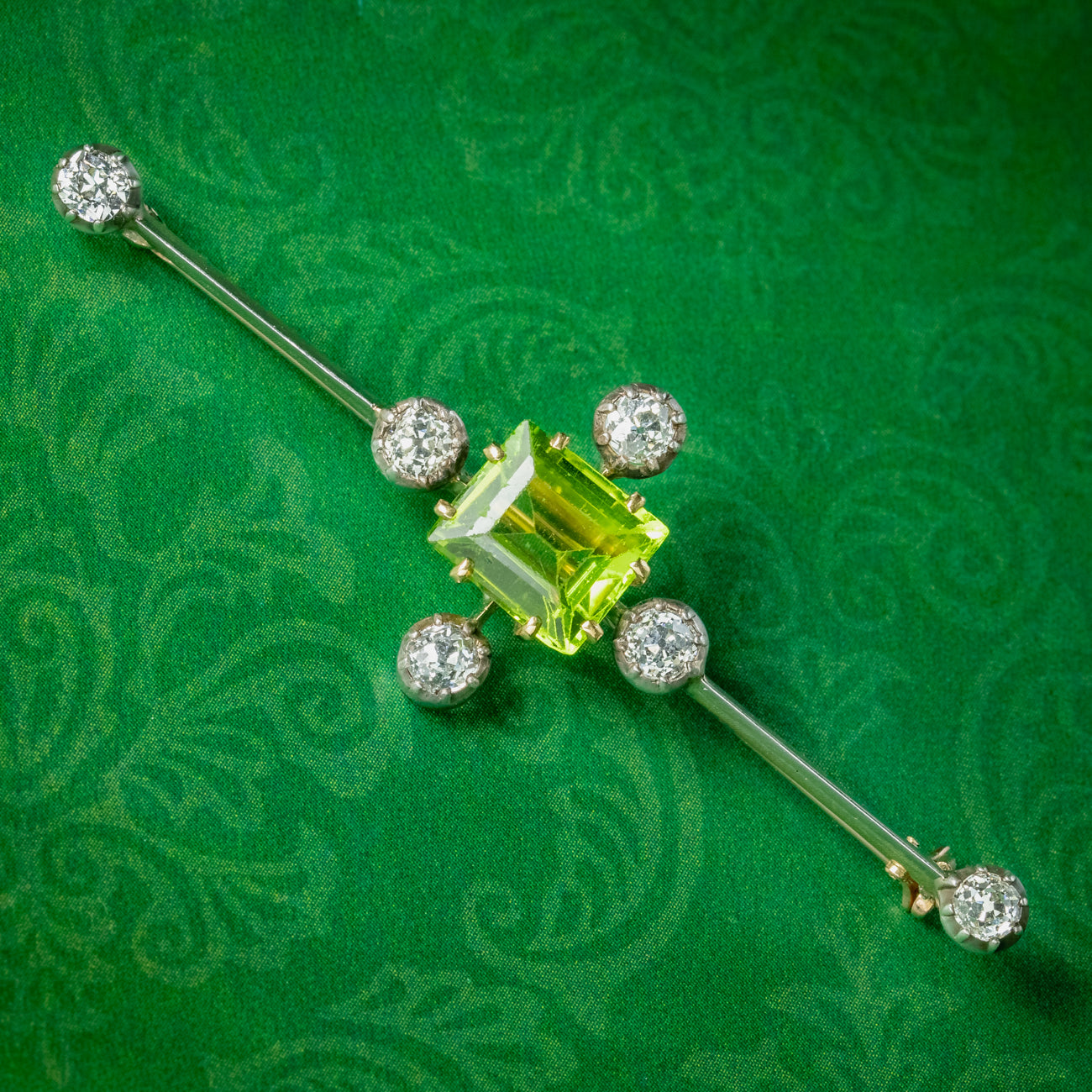 Antique Edwardian Peridot Diamond Bar Brooch 18ct Gold 3.5ct Peridot ...
