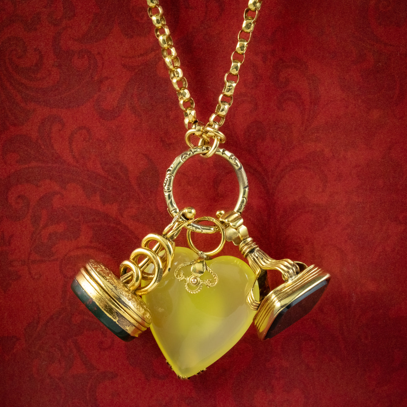 Antique Victorian Intaglio Fob And Heart Charm Necklace 18ct Gold Chai ...