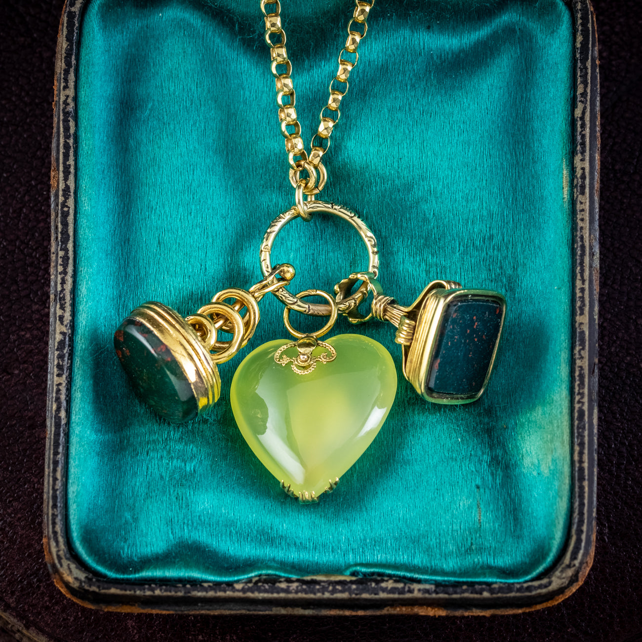 Antique Victorian Intaglio Fob And Heart Charm Necklace 18ct Gold Chai ...