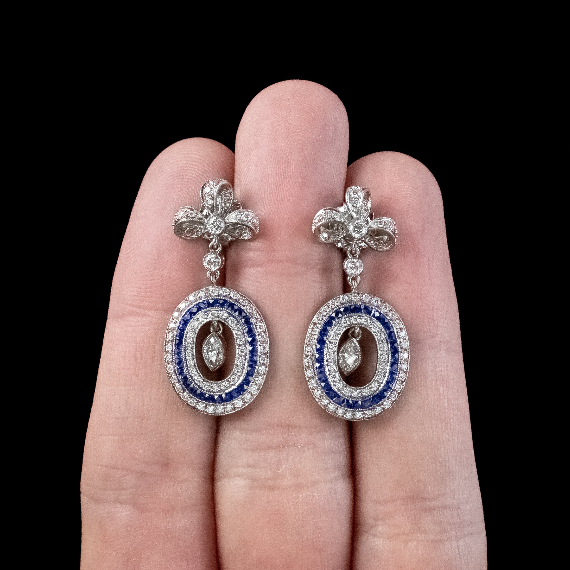 Art Deco French Sapphire Diamond Drop Earrings 3ct Of Diamond With Cha ...
