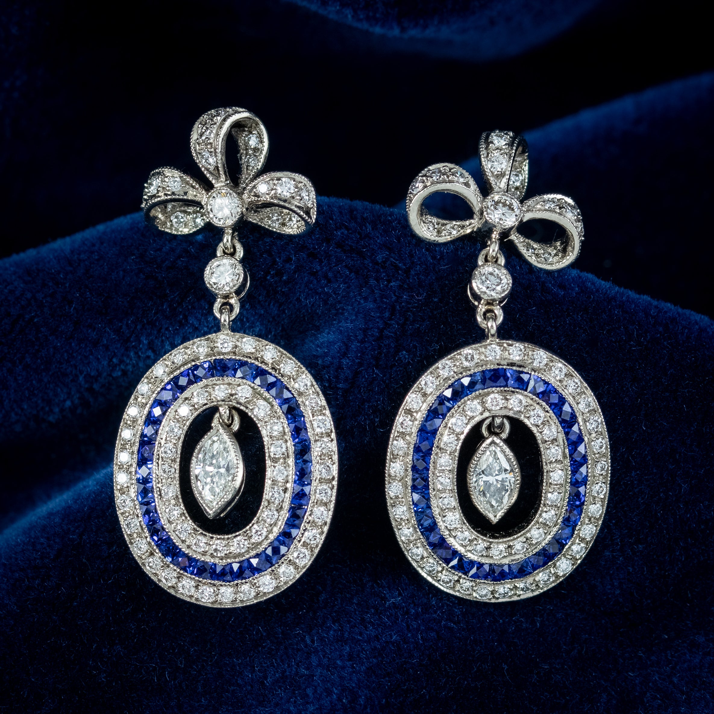 Art Deco French Sapphire Diamond Drop Earrings 3ct Of Diamond With Cha ...
