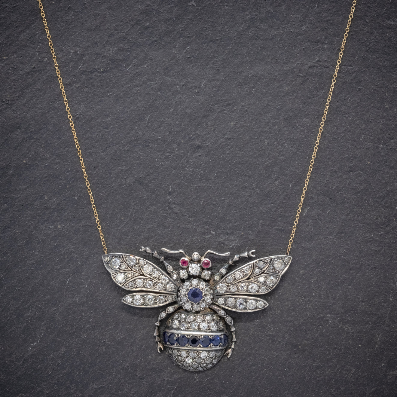 SAPPHIRE DIAMOND RUBY BEE PENDANT NECKLACE SILVER 18CT GOLD – Antique ...