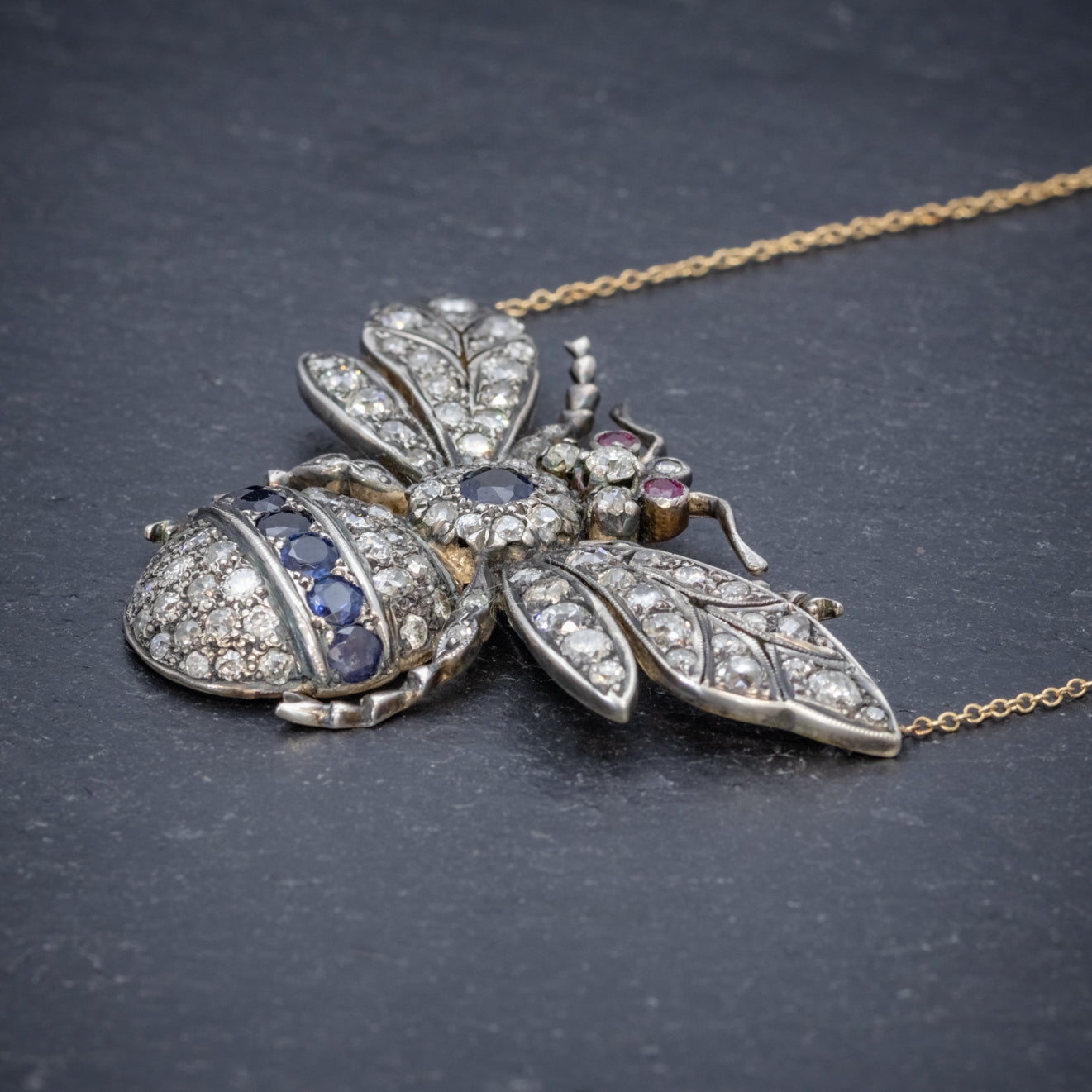 SAPPHIRE DIAMOND RUBY BEE PENDANT NECKLACE SILVER 18CT GOLD – Antique ...