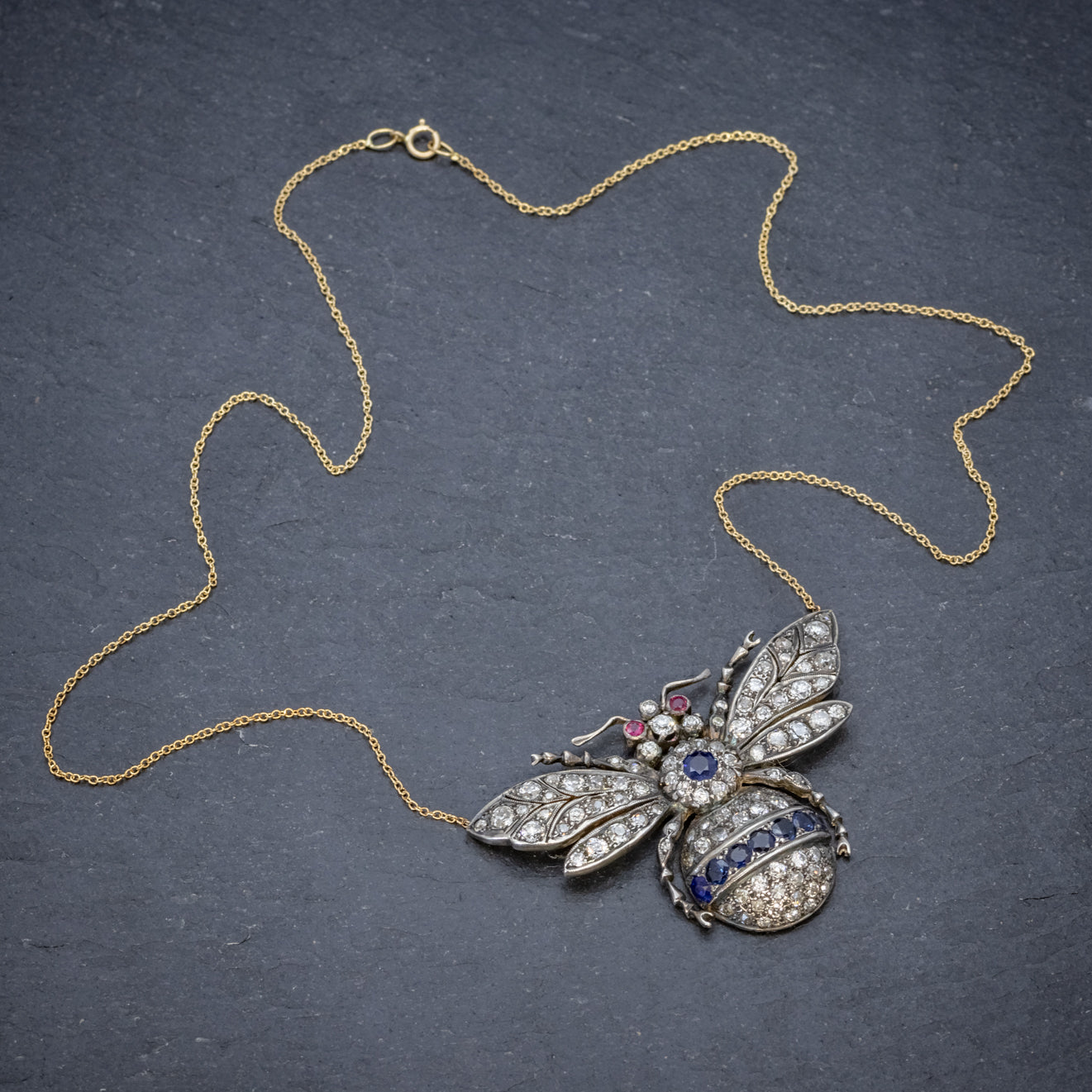 SAPPHIRE DIAMOND RUBY BEE PENDANT NECKLACE SILVER 18CT GOLD – Antique ...